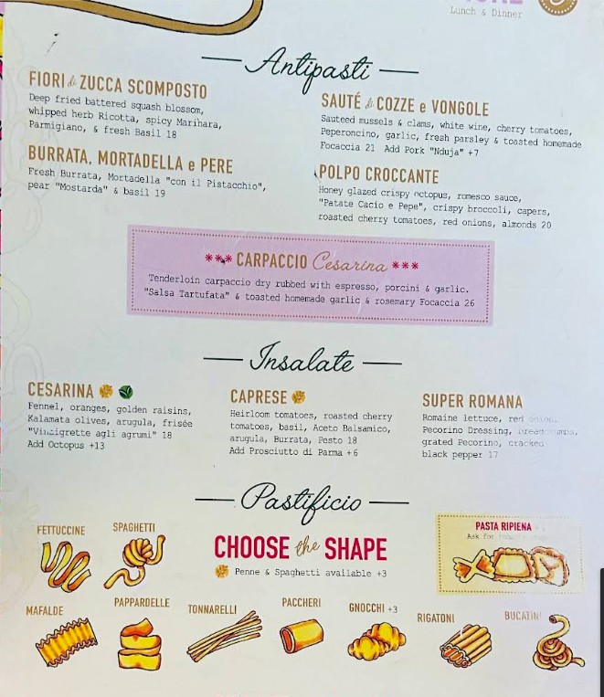 Cesarina Restaurant Menu | Authentic Italian Cuisine in San Diego